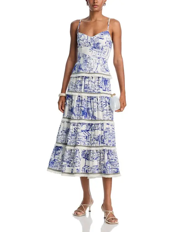 Aqua City Palm Toile Fringe Skirt