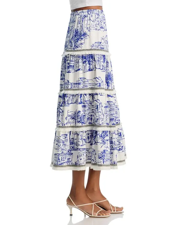 Aqua City Palm Toile Fringe Skirt