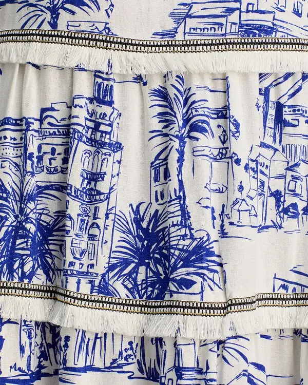 Aqua City Palm Toile Fringe Skirt