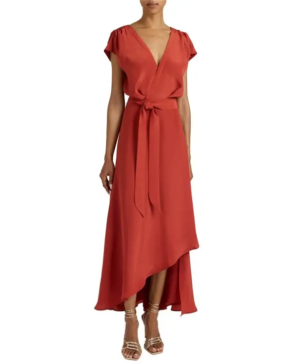 Santorelli Fallon Midi Hi-Lo Dress In Silk Crepe De Chine In Rust - 40% Off  | Editorialist