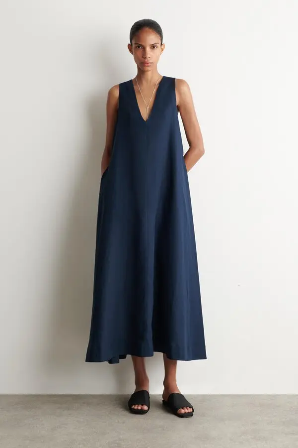 Cos A-line Linen-blend Maxi Dress - Navy