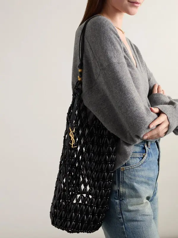 Saint Laurent Leather-trimmed Beaded Tote - Black