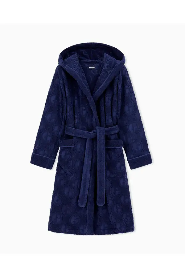 Giorgio Armani Monogram Cotton Terry Bathrobe - Blue