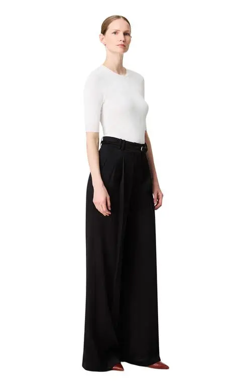 Another Tomorrow Satin Pleated Trousers - Black