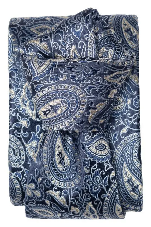 ELIZABETTA Extra Long Silk Jacquard Neck Tie - Blue And Silver