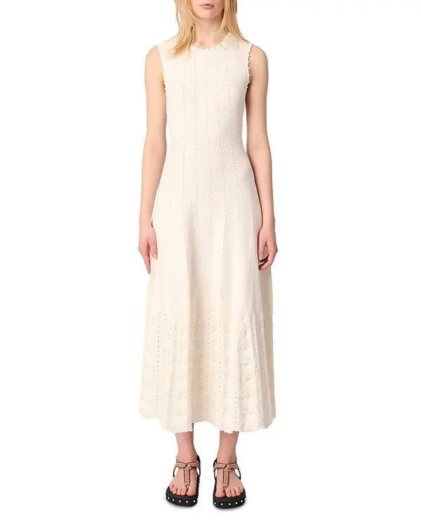 Maje Beaded Pointelle Knit Midi Dress - White