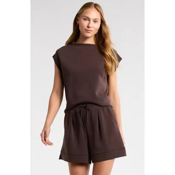 Zella Soft Luxe Knit Gathered Shoulder Top - Brown Mole
