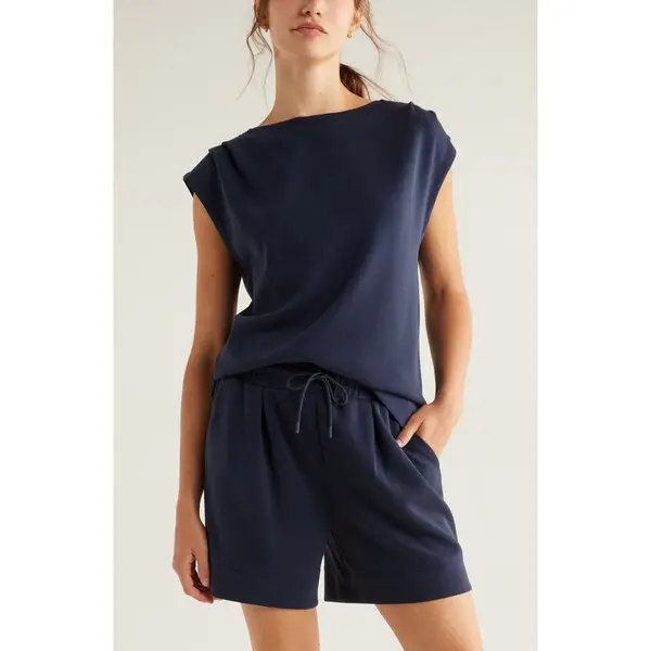 Zella Ultrasoft Knit Gathered Shoulder Top - Navy Sapphire