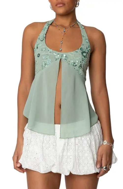 EDIKTED Floral Sequin Halter Top - Sage