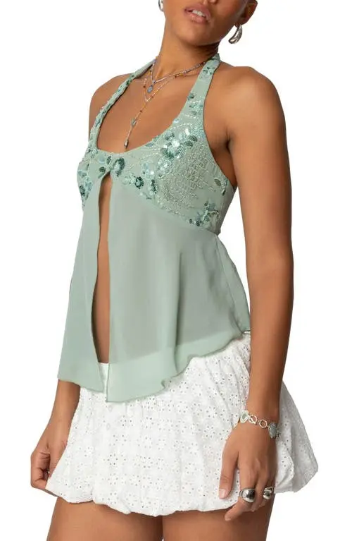 EDIKTED Floral Sequin Halter Top - Sage