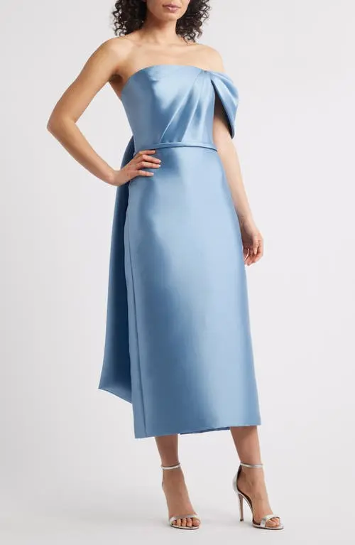 Amsale Bow Detail Satin Midi Dress Smokey Blue 50% Off