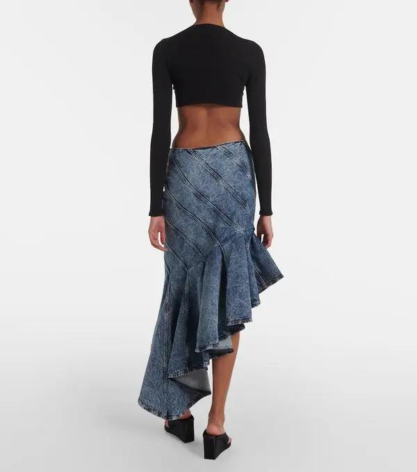 Alaïa Spiral Asymmetric Denim Midi Skirt - Blue