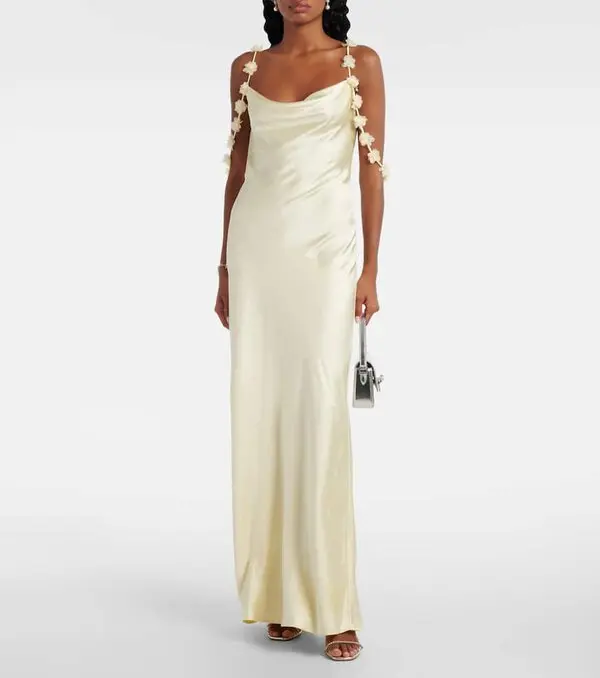 SELF-PORTRAIT Floral-applique Satin Maxi Dress