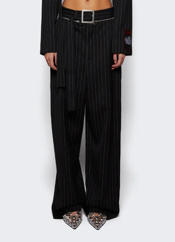 JEAN PAUL GAULTIER Pinstripe Wool Belted Suit Pants - Black