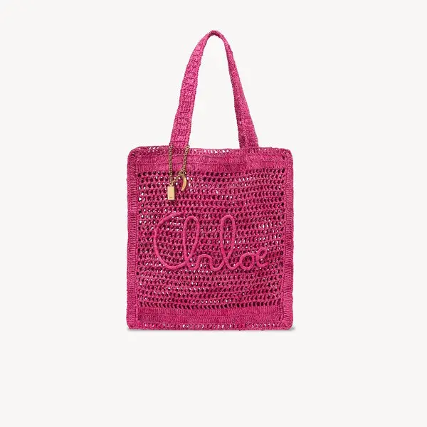 Chloé Raffia And Calfskin Summer Banana Tote Bag - Fuchsia Rose