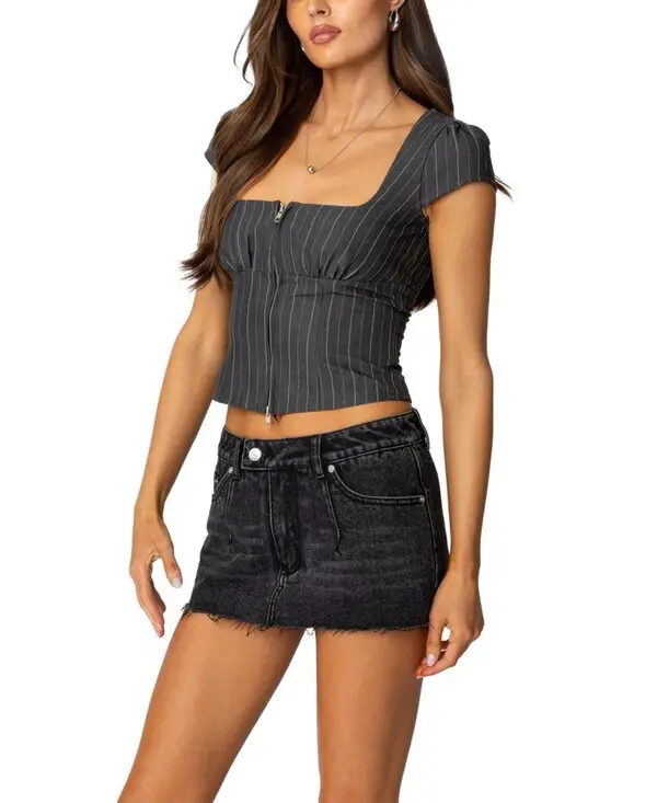 EDIKTED Keni Pinstripe Zip Up Top