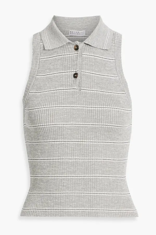 Brunello Cucinelli Metallic Striped Ribbed-knit Top