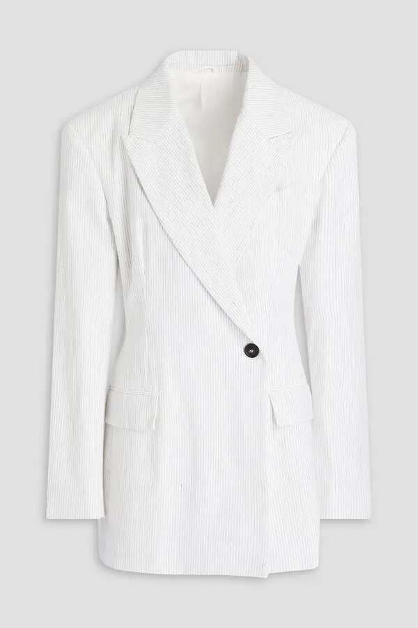 Brunello Cucinelli Pinstriped Linen-blend Blazer With Bead Embellishments - White