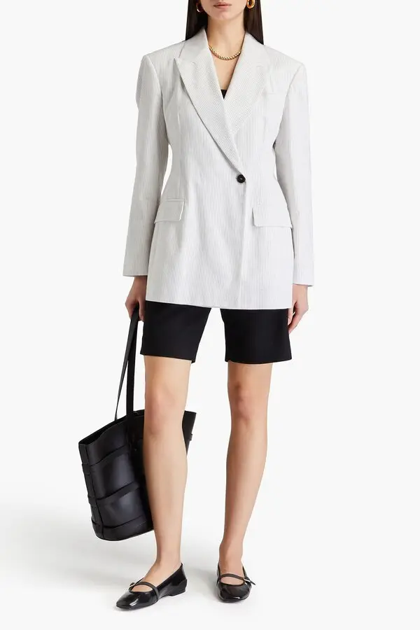 Brunello Cucinelli Pinstriped Linen-blend Blazer With Bead Embellishments - White