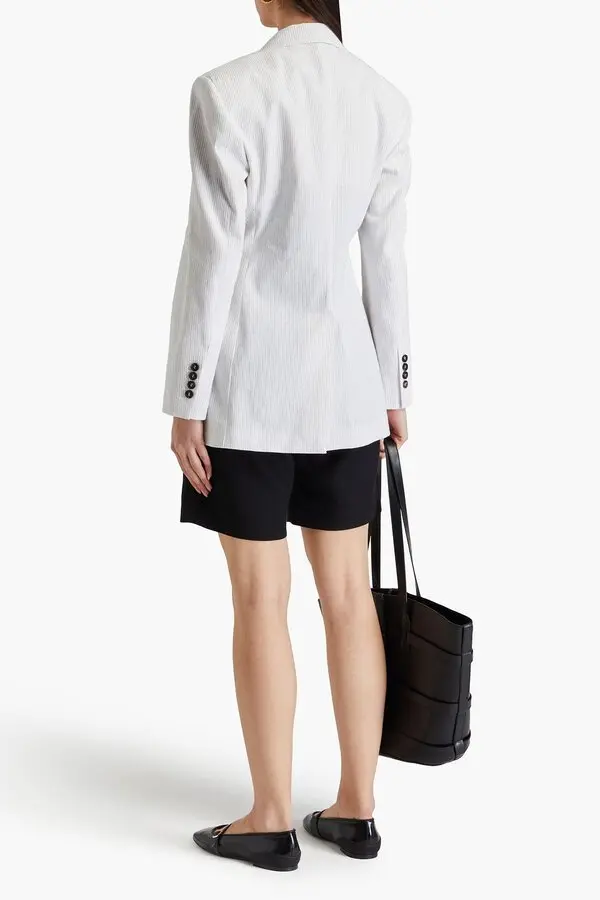 Brunello Cucinelli Pinstriped Linen-blend Blazer With Bead Embellishments - White