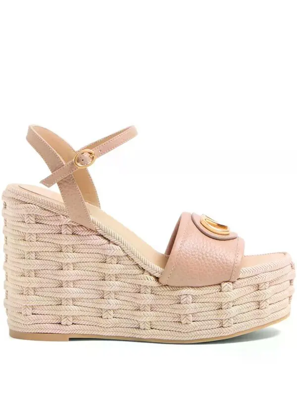 Valentino Garavani Vlogo Signature Wedge Sandals In Grainy Calfskin 120mm - Pink