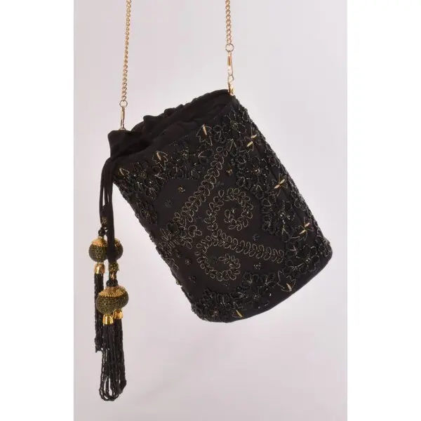 RAAS Embroidered Bucket Bag With Metallic Chain - Black