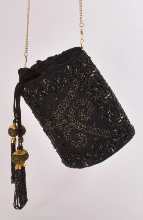 RAAS Embroidered Bucket Bag With Metallic Chain - Black