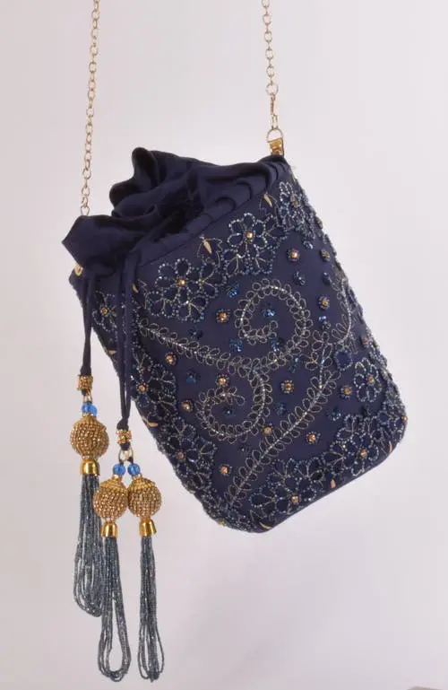 RAAS Embroidered Bucket Bag With Metallic Chain - Blue