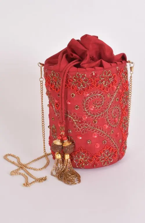 RAAS Embroidered Bucket Bag With Metallic Chain - Red