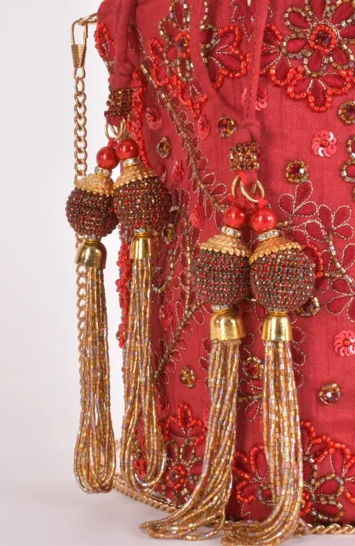 RAAS Embroidered Bucket Bag With Metallic Chain - Red
