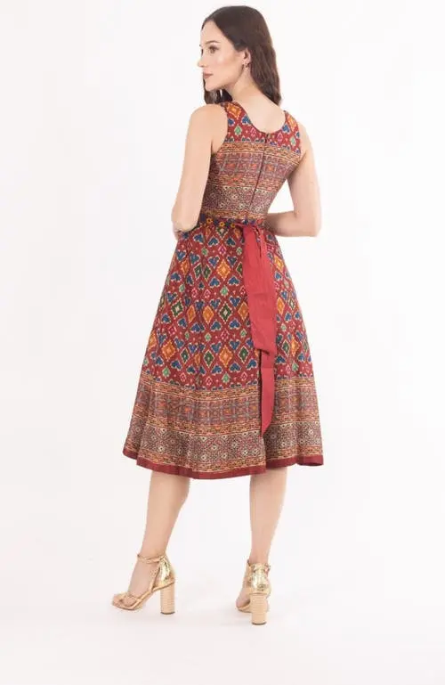 RAAS Russet Ajrakh Print Midi Dress With Embroidered Belt