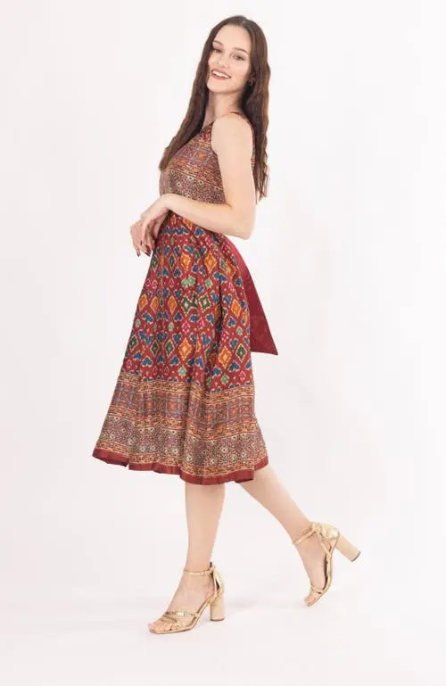 RAAS Russet Ajrakh Print Midi Dress With Embroidered Belt