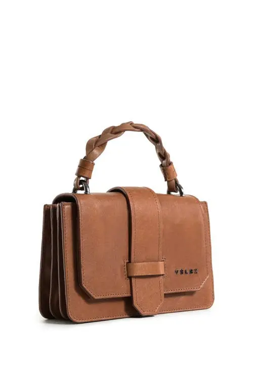 VELEZ Mini Bowling Bag In Leather With Braided Handle - Honey