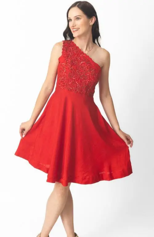 RAAS Aerin Raw Silk One-shoulder Dress
