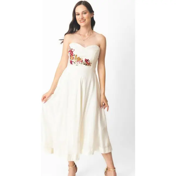 RAAS Mona Embroidered Strapless Midi Dress
