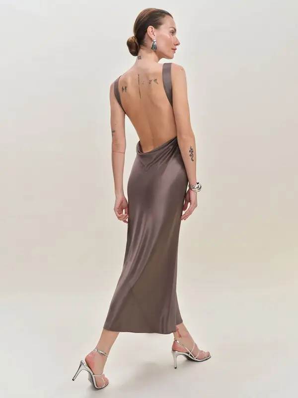 REFORMATION Corey Satin Midi Dress - Brown