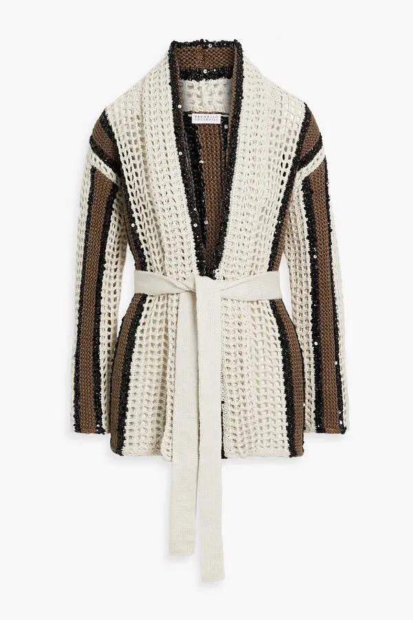 Brunello Cucinelli Embellished Striped Cardigan - Beige