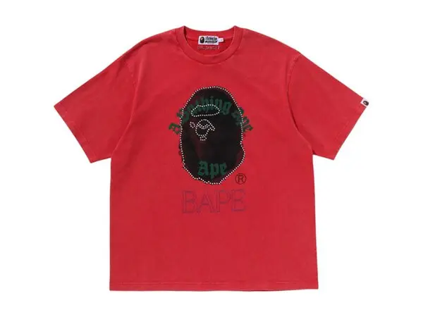 A BATHING APE Garment Dye Rhinestone Ape Head Relaxed Fit Tee Shirt - Red