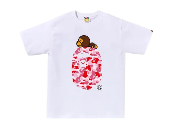 A BATHING APE Abc Camo Milo On Big Ape Tee Shirt - White/pink