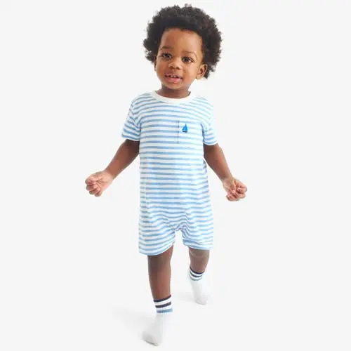 PRIMARY Baby Embroidered Stripe Pocket Shortie - Cornflower White Stripes