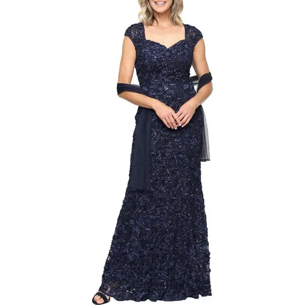 Alex Evenings Soutache Mermaid Gown With Shawl - Navy