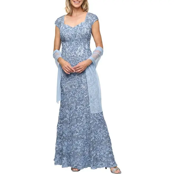 Alex Evenings Soutache Mermaid Gown With Shawl - Skyblue