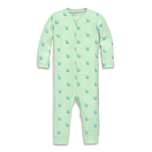 PRIMARY Baby Organic Zip Romper In Baby Bugs Print - Light Clover Snails