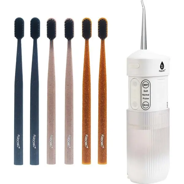 PURSONIC Ultimate Oral Care Bundle Usb Rechargeable Collapsible Water Flosser & Wide Brush Head Charcoal Toothbrush - Multicolor