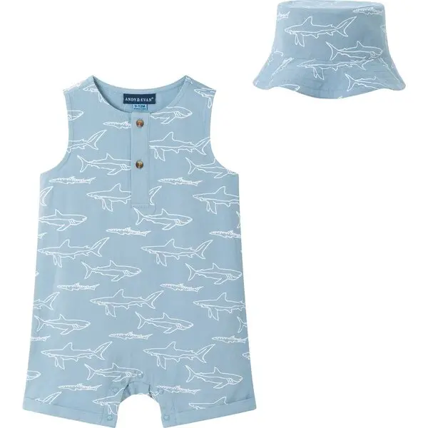 Andy & Evan Print Romper And Bucket Hat Set - Blue