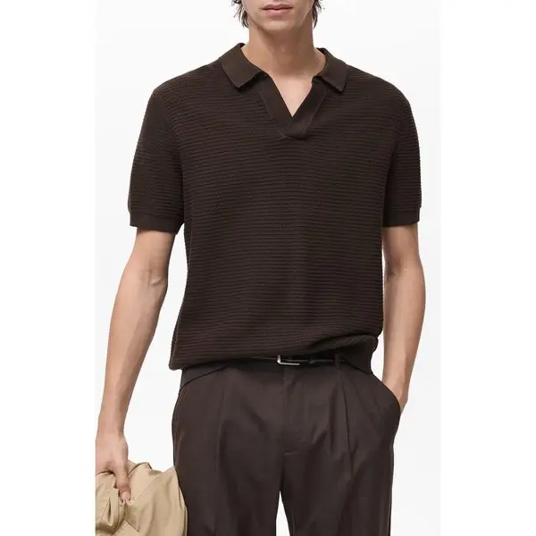 Mango Structured Stripe Cotton Knit Polo - Chocolate