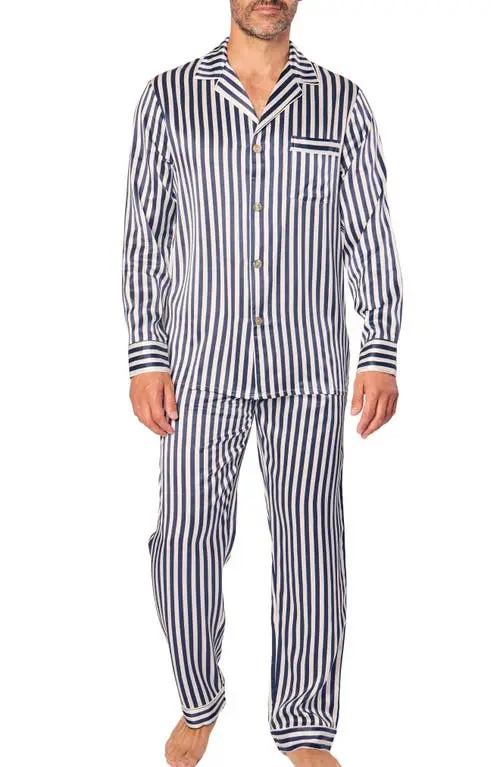 PETITE PLUME Bengal Stripe Mulberry Silk Pajamas - Navy