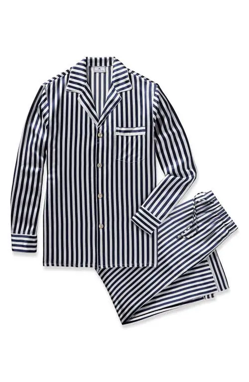 PETITE PLUME Bengal Stripe Mulberry Silk Pajamas - Navy