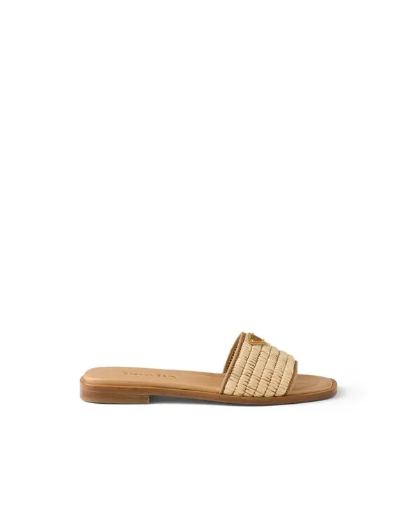 Prada Leather Slides With Crochet Detail - Neutral
