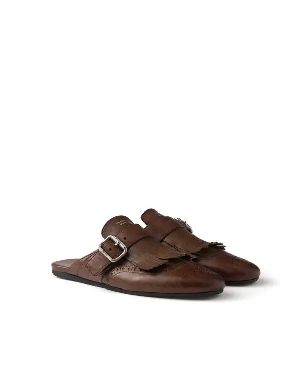 Prada Shuffle Fringed Leather Mules - Brown